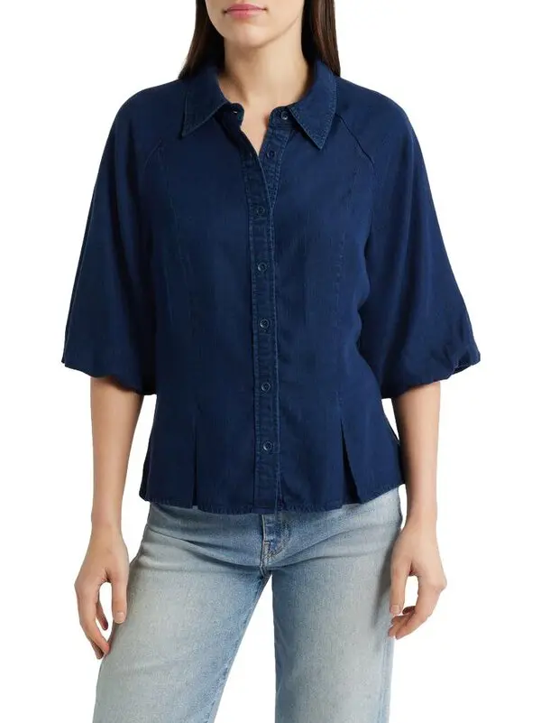 Wit & Wisdom Bubble Sleeve Button-up Chambray Top - Indigo