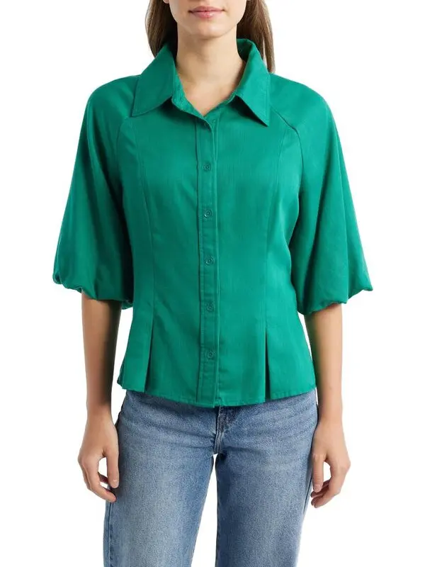 Wit & Wisdom Bubble Sleeve Button-up Chambray Top - Lake Green