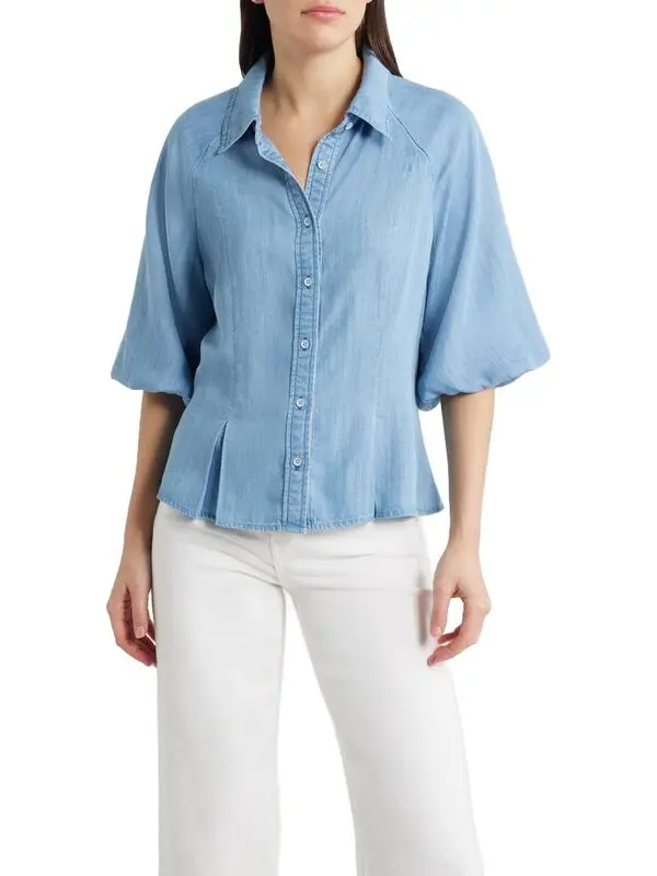 Wit & Wisdom Bubble Sleeve Button-up Chambray Top - Light Blue