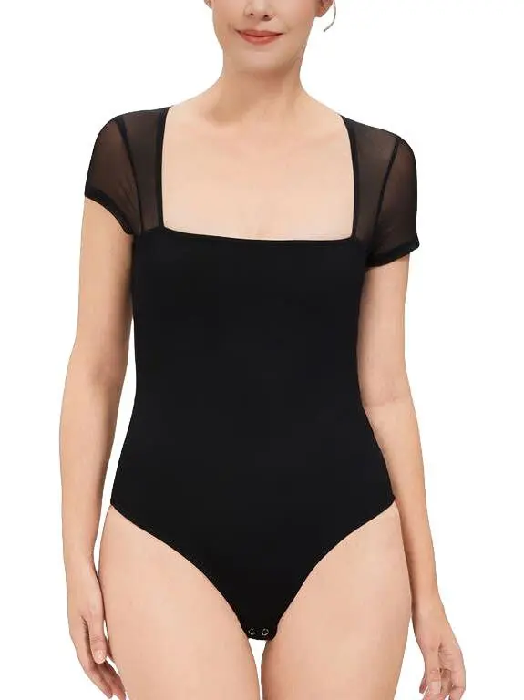 KIMI + KAI Square Neck Sheer Sleeve Bodysuit - Black