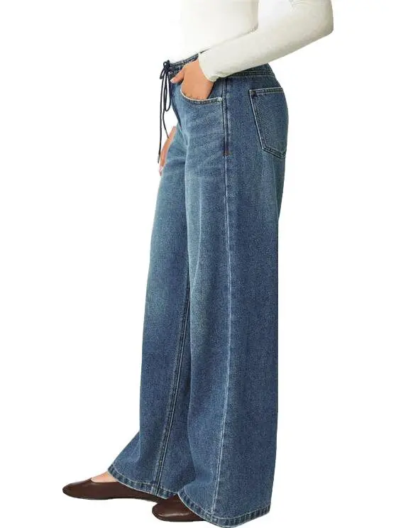 Habitual Lia Drawstring Wide Leg Jeans - Pebble