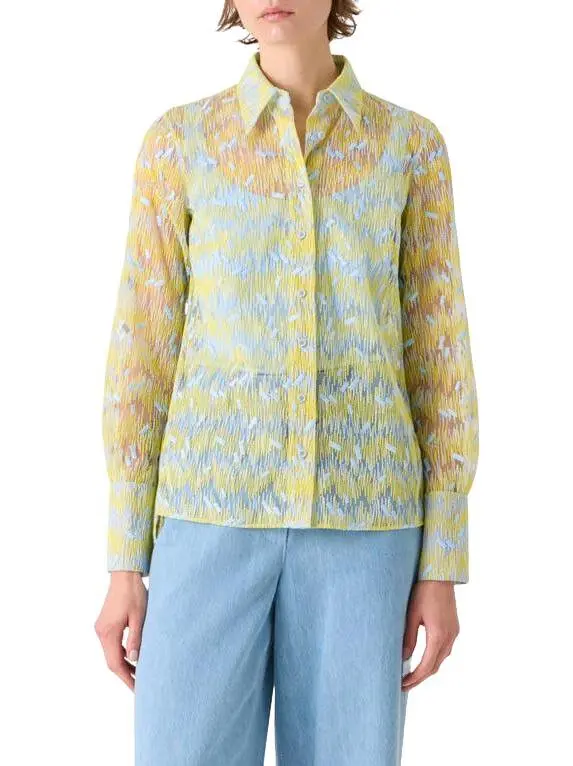 Akris Scribble Embroidered Tulle Shirt - Lemon Zing-sky Blue