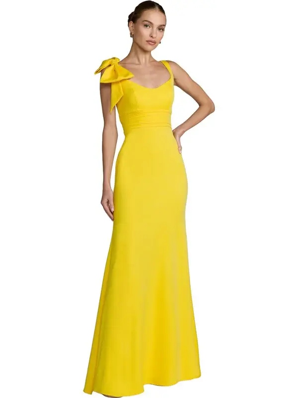 Mac Duggal Scoop Neck Trumpet Gown With Bow - Yellow
