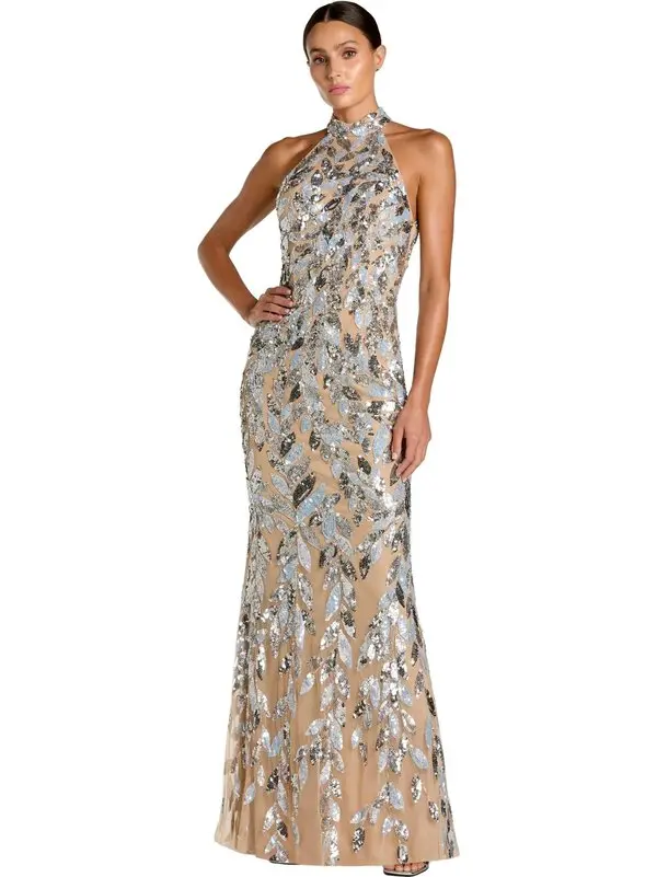 Mac Duggal Sequin Halter Backless Column Gown - Silver Nude