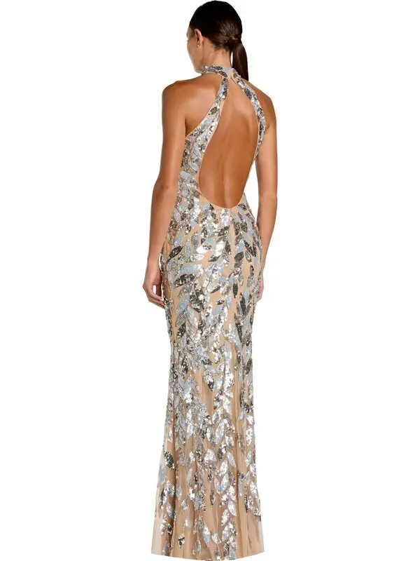 Mac Duggal Sequin Halter Backless Column Gown - Silver Nude