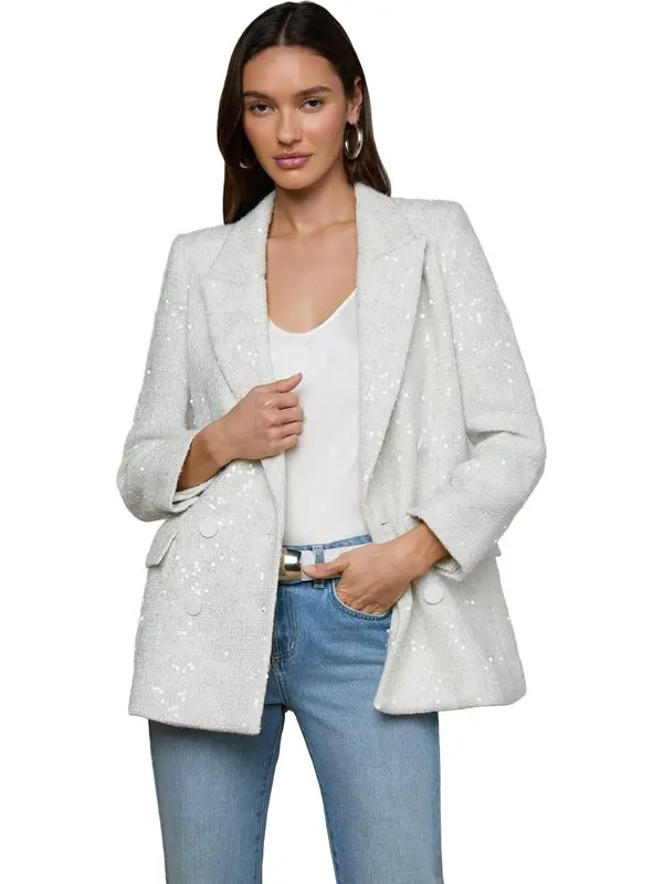 L'Agence Cambrie Oversized Sequin Blazer - White Tweed/clear Sequin