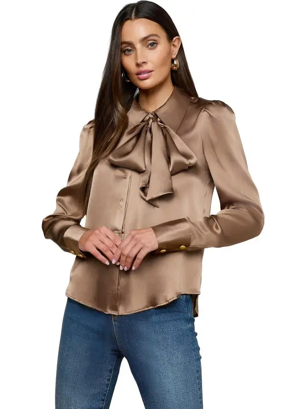 L'Agence Honey Silk Tie Neck Blouse - Portabella