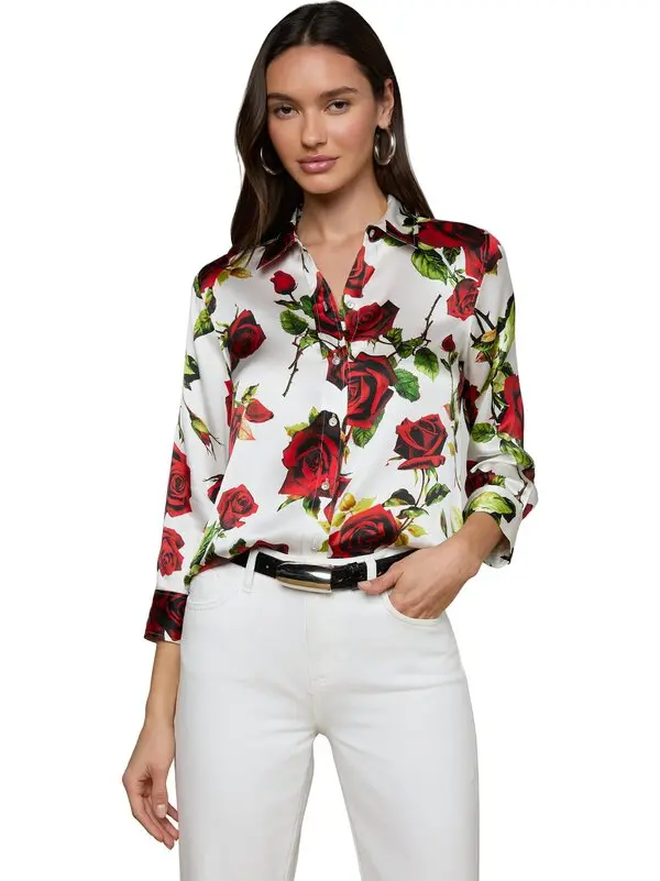 L'Agence Dani Printed Silk Blouse - White/red Romantic Rose