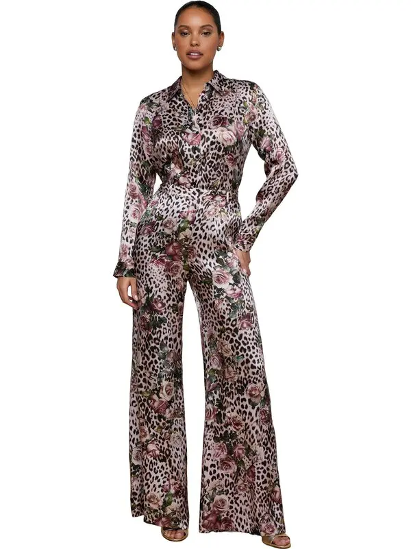 L'Agence Pilar Silk Wide-leg Pants - Multi Small Rose Cheetah
