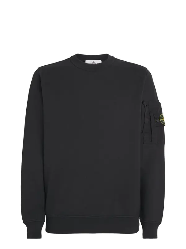 Stone Island Cotton Fleece Crewneck With Arm Pocket - Black
