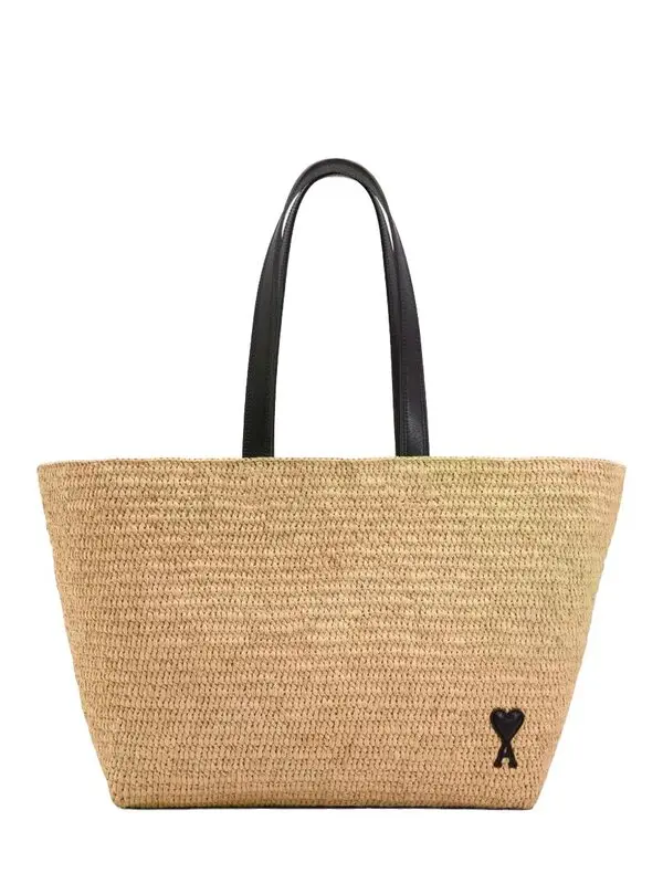 Ami Large Raffia Tote Bag With Coeur Patch - Neutrals