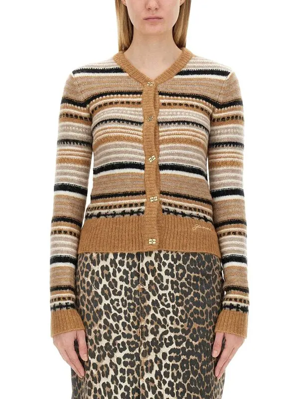 GANNI Striped Knit Cardigan - Beige