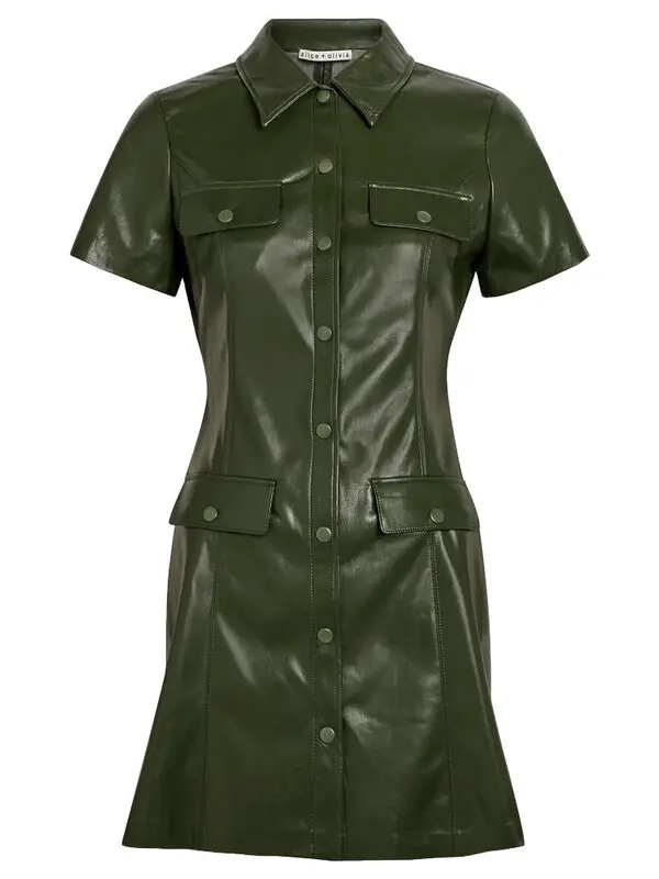 Alice + Olivia Jamie Faux Leather Mini Shirt Dress - Dark Green