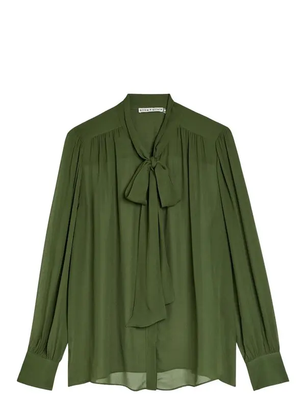 Alice + Olivia Thayer Tie Neck Georgette Blouse - Dark Green