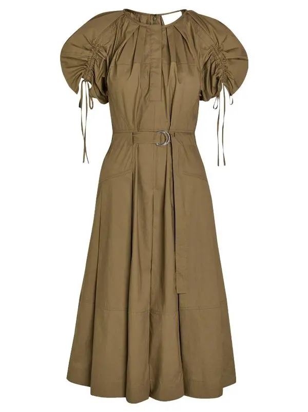 3.1 Phillip Lim Ruched Belted Cotton-poplin Midi Dress - Khaki