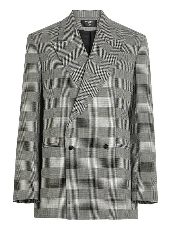 Balmain Houndstooth Double-breasted Wool-blend Blazer - Black And White