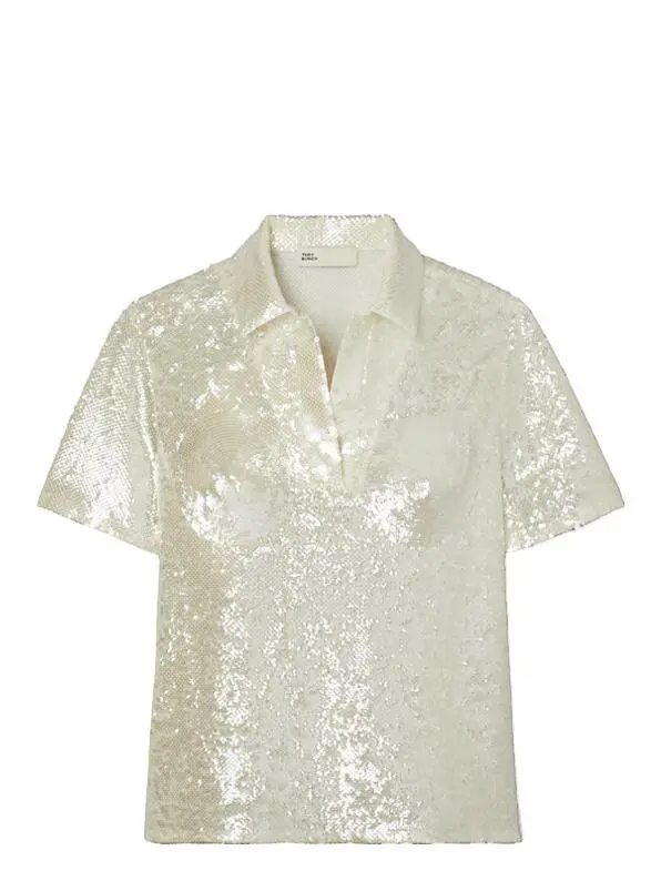 Tory Burch Sequin Embellished Polo Top - Marshmallow