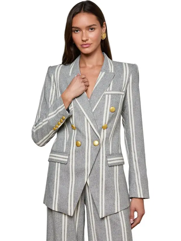 L'Agence Kendi Longline Striped Blazer - Grey/ivory Stripe