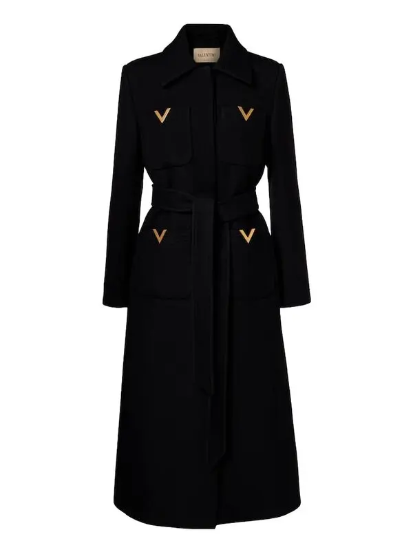 Valentino Garavani Vgold Belted Wool And Silk Coat - Black