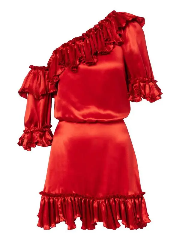Saint Laurent Ruffled Silk Satin Minidress - Red