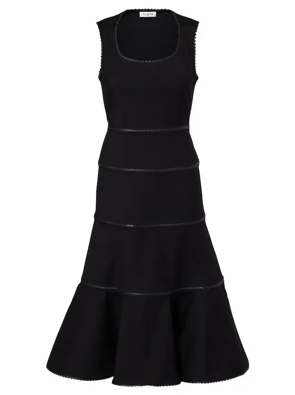 Alaïa Leather-trimmed Wool Midi Dress - Black