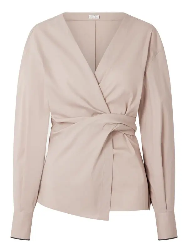 Brunello Cucinelli Embellished Cotton-blend Poplin Wrap Blouse - Neutrals