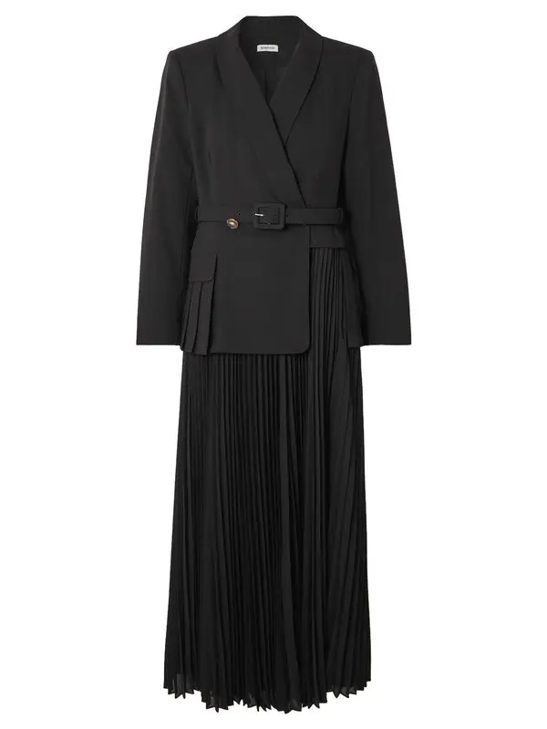Simkhai Alexandra Belted Pleated Crepe Midi Dress - Black