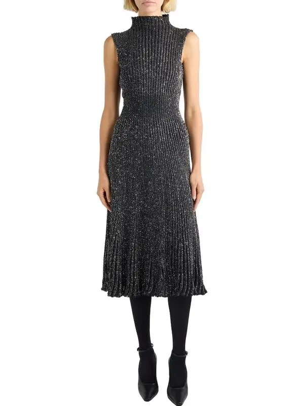 Alaïa Sequin Rib Knit Fit & Flare Sweater Dress - Noir Alaia