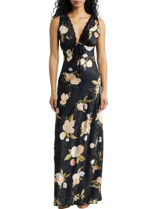 Lulus Floral Jacquard Satin Slipdress - Black Floral