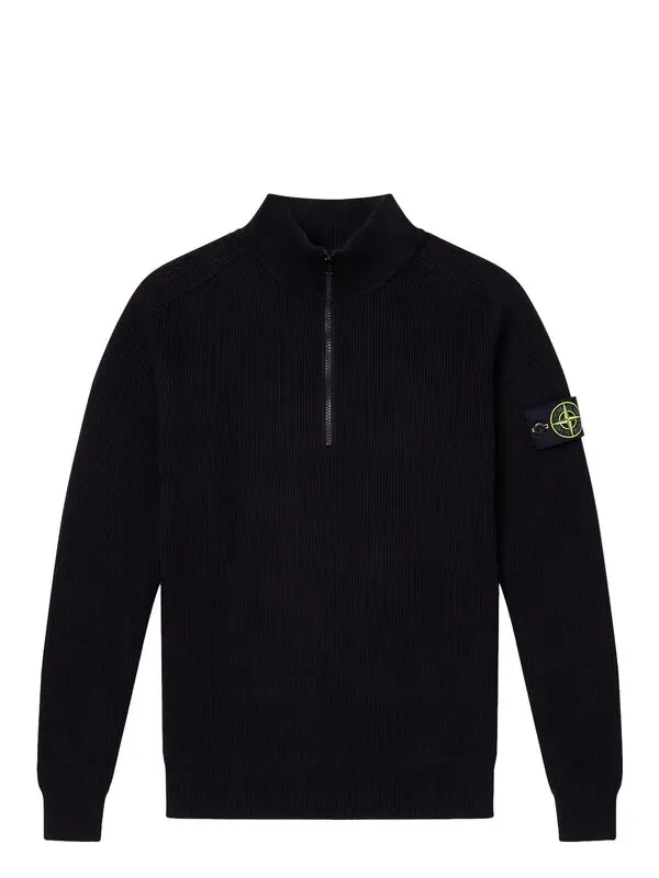 Stone Island Ribbed-knit Cotton Half-zip Sweater With Logo Applique - Black