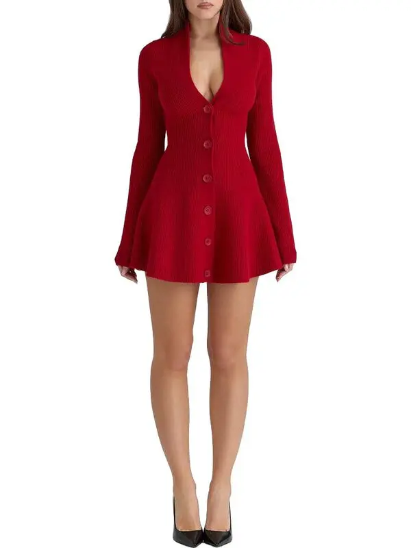 House Of Cb Long Sleeve Wool Blend Sweater Minidress - Red