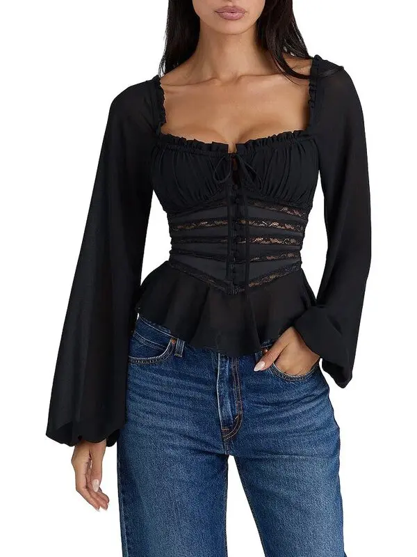 House Of Cb Cara Long Sleeve Georgette Top - Black