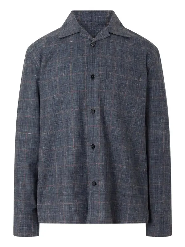 JIL SANDER Camp-collar Checked Wool And Linen-blend Shirt - Gray