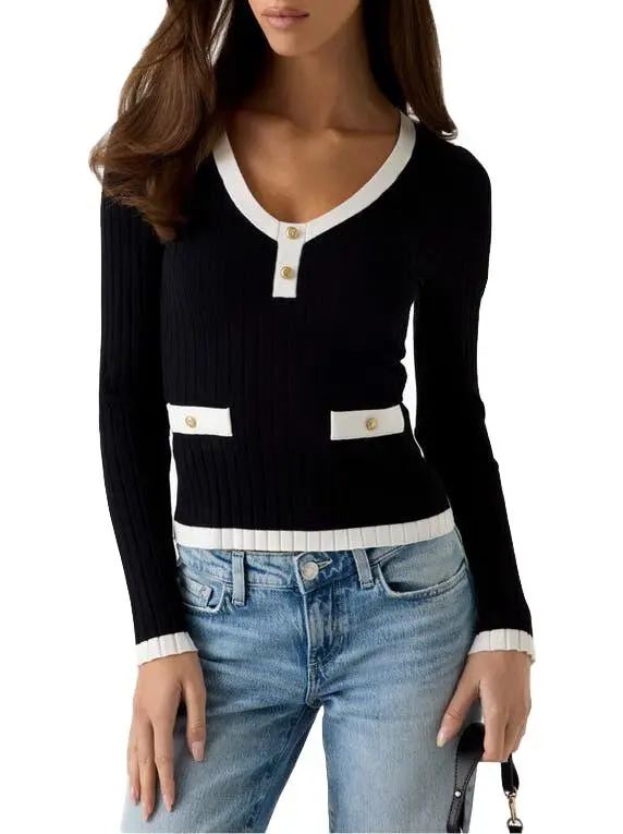 Guess Laurel Tipped V-neck Ribbed Sweater - Black