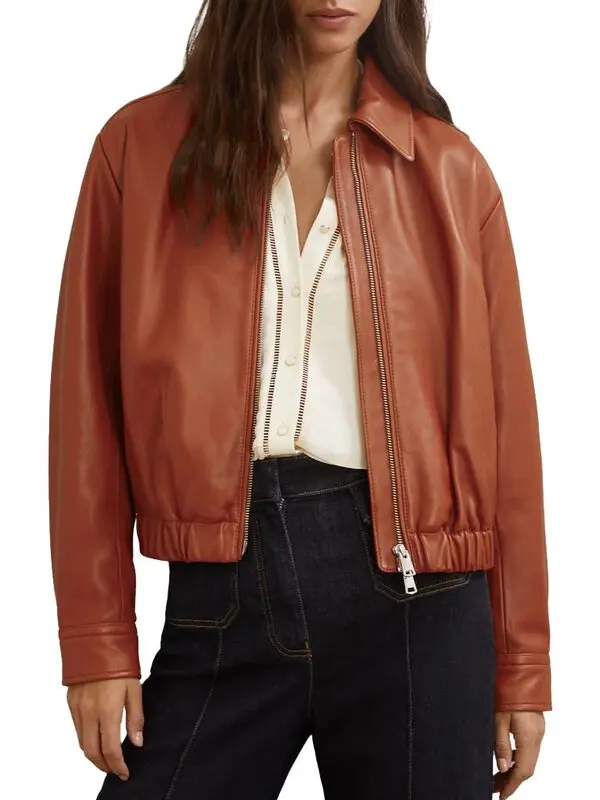 REISS Lottie Sheepskin Leather Jacket - Tan