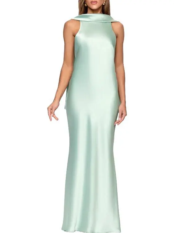 XSCAPE EVENINGS Satin Tie Back Mermaid Gown - Sage