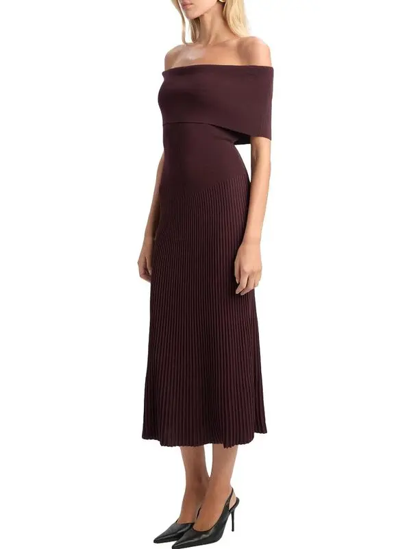 Bardot Off-the-shoulder Ribbed Midi Dress - Chocolate