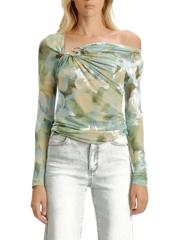 Bardot Marisol Asymmetric Mesh Top - Green Flo