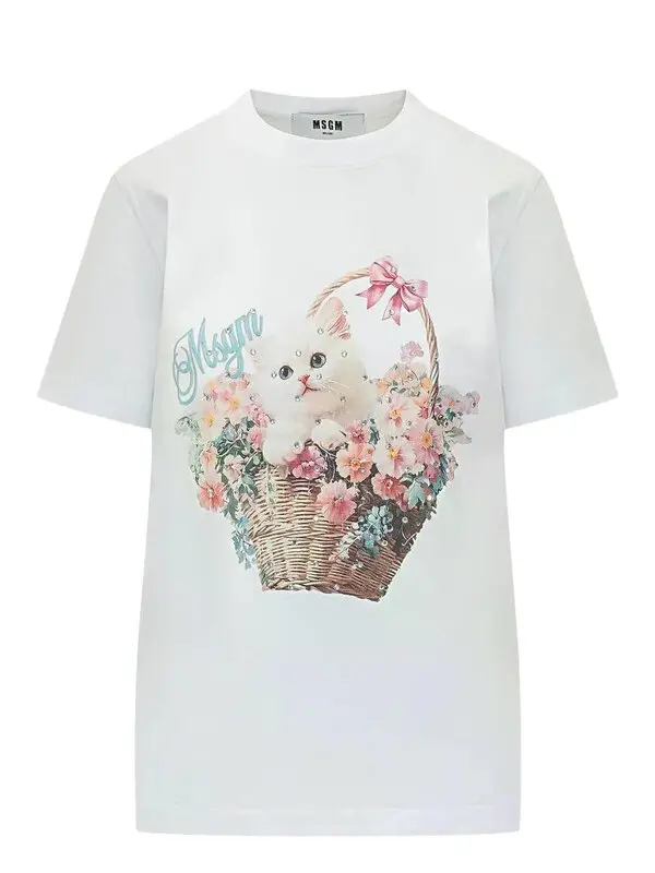 MSGM Floral Kitten Graphic T-shirt - White