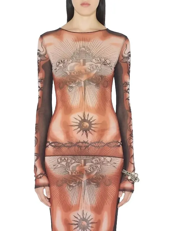 JEAN PAUL GAULTIER Printed Tulle Long Sleeve Top - Multicolor