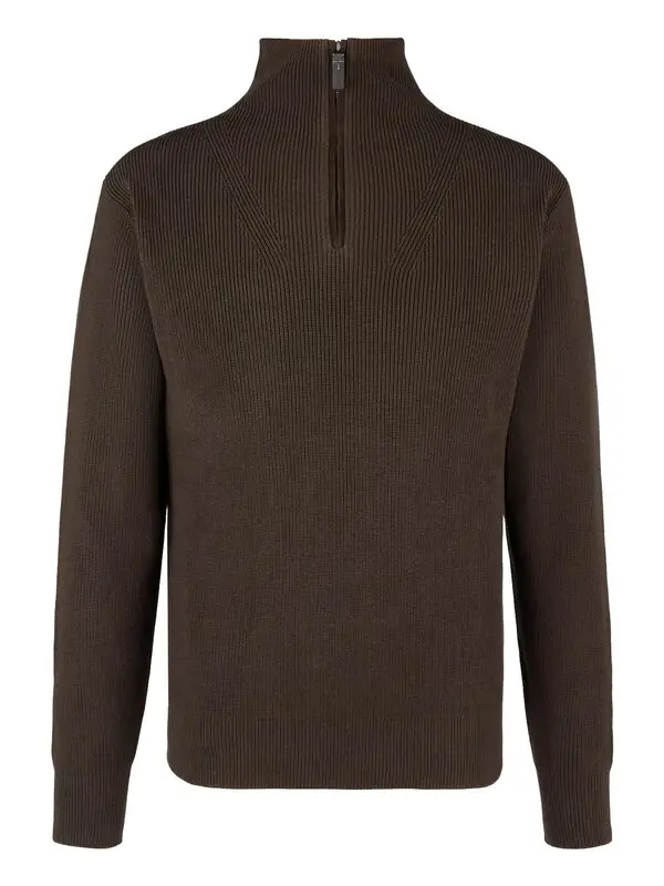 TOD'S Silk Blend Half Zip Ribbed Pullover - Brown