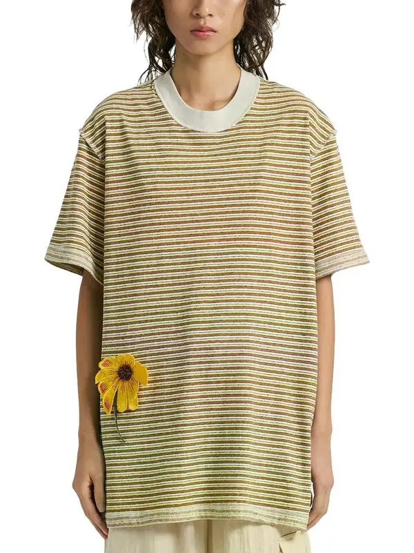 SONG FOR THE MUTE Striped T-shirt With Flower Detail - Brown