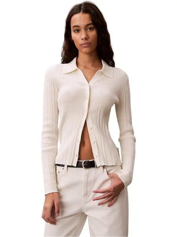 Calvin Klein Smooth Cotton Rib Polo Cardigan - Tofu