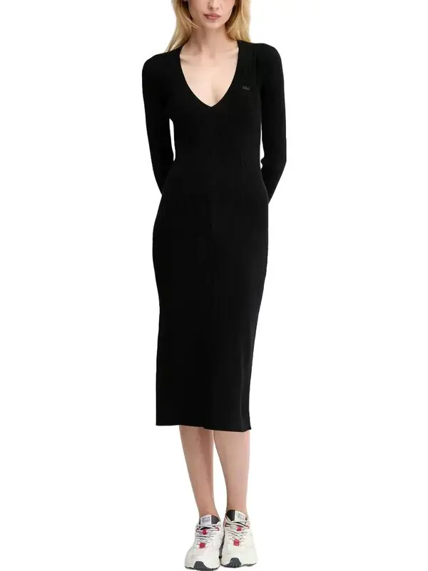 Lacoste V-neck Ribbed Midi Dress - Black
