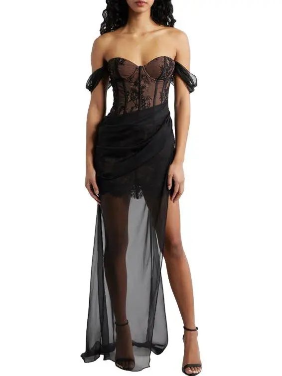 House Of Cb Off-the-shoulder Mixed Media Gown - Black