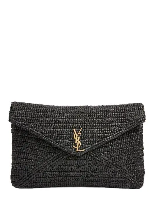 Saint Laurent Large Cassandre Raffia Envelope Clutch - Noir