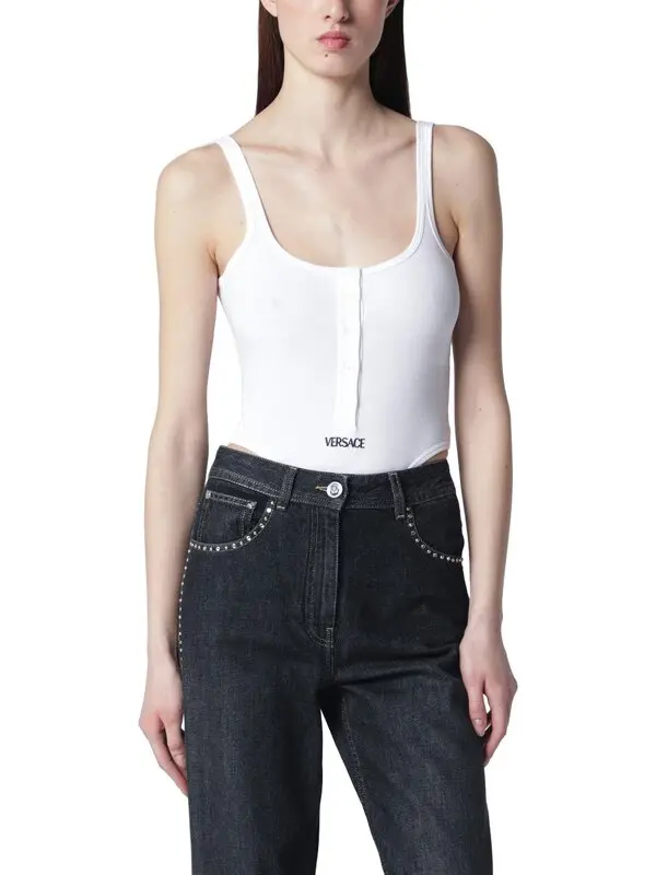 Versace High-cut Bodysuit With Embroidered Logo - White