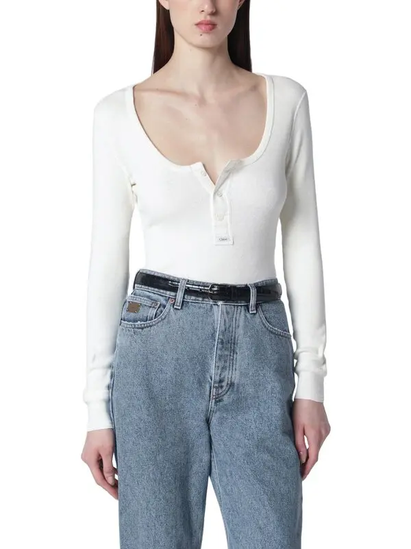 Chloé Henley Cotton Jersey Top - Beige