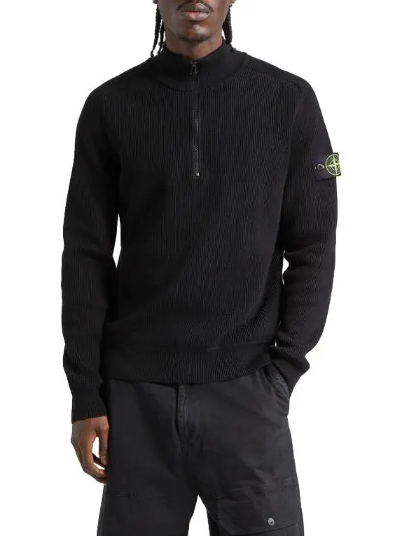 Stone Island Organic Cotton Rib Half Zip Sweater - Black