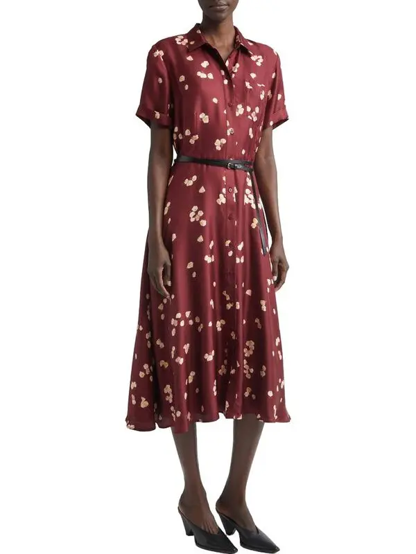 Altuzarra Kiera Petal Print Belted Silk Shirtdress - Maroon Allover Petals